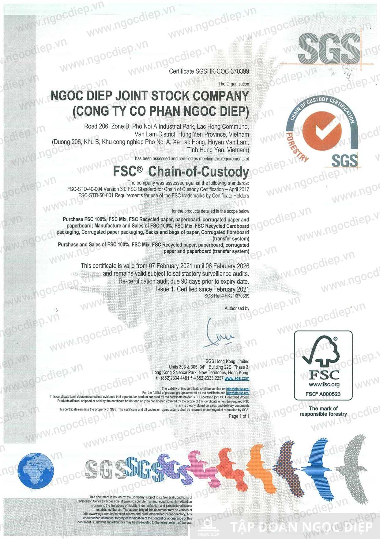 Bao bì Ngọc Diệp đạt chứng nhận chuỗi hành trình sản phẩm FSC®-COC - Tập đoàn Ngọc Diệp